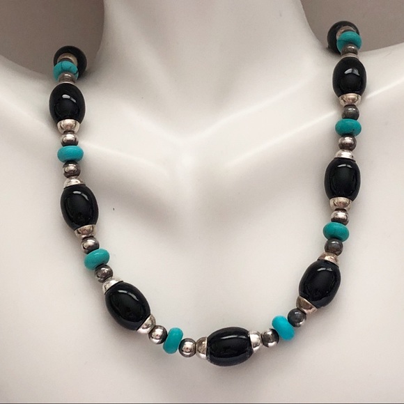 Jewelry | Vintage Turquoise Onyx Sterling Silver Bead Necklace | Poshmark